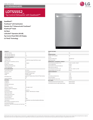 LG LDTS5552S 24 Inch Fully Integrated Smart Dishwasher Spec Sheet ...