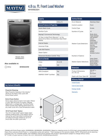 Maytag MHW6630HC 27 Inch Front Load Washer Spec Sheet | Manualzz