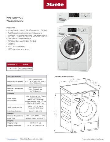 Miele WXF660WCS 24 Inch Front Load Smart Washer Spec Sheet | Manualzz
