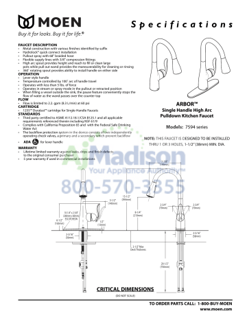 Moen 7594BL Single Lever Pull-Out Kitchen Faucet Spec Sheet | Manualzz