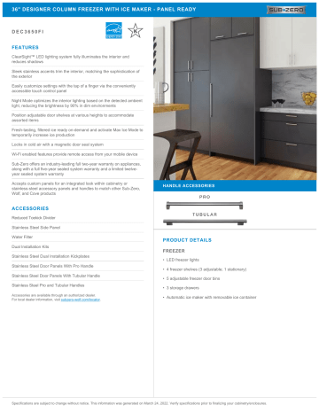 Sub-Zero DEC3650FIL 36 Inch Smart Freezer Column Spec Sheet | Manualzz