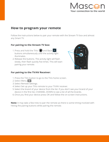 Mascon TiVo Remote Stream 4K Instructions | Manualzz