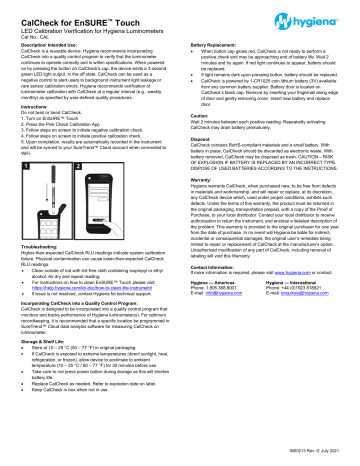 Hygiena VZSMQ4LE CalCheck for EnSURE Touch Instructions | Manualzz