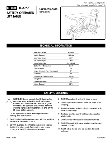 ULINE Battery Operated Lift Table Instructions | Manualzz