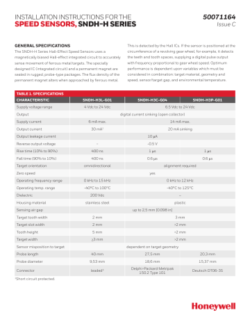 Honeywell Speed Sensors SNDH-H Series Installation Guide | Manualzz