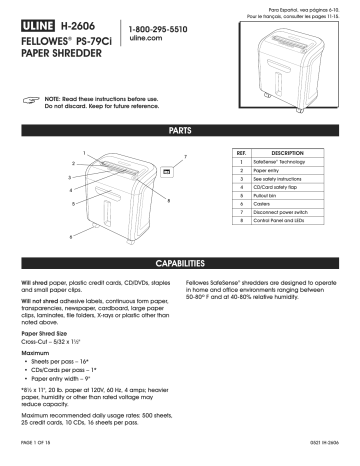 Uline H-2606 Fellowes PS-79Ci Paper Shredder instruction manual | Manualzz