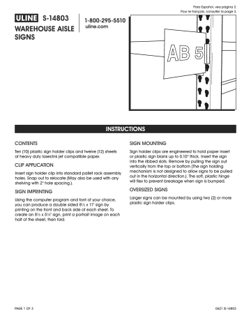 Uline S-14803 Warehouse Aisle Signs Mode d'emploi | Manualzz