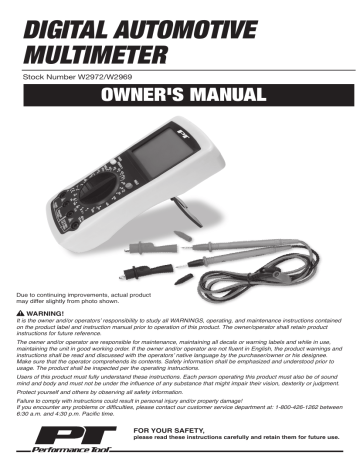 Performance Tool W2972 Digital Automotive Multimeter Owner's Manual ...