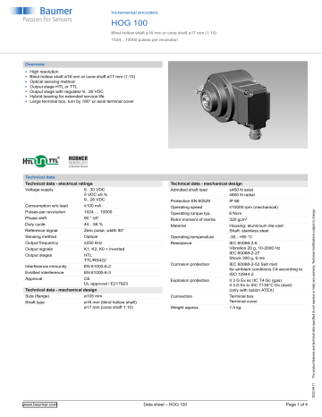 Baumer HOG 100 Incremental encoder Data sheet | Manualzz
