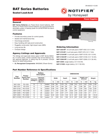 Notifier BAT Series Batteries Data Sheet | Manualzz