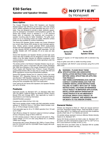 Notifier E50 Series Speaker and Speaker Strobes Data Sheet | Manualzz