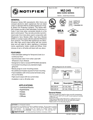 Notifier MIZ-24S MINI HORN SERIES Data Sheet | Manualzz