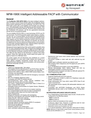 Notifier NFW-100X Intelligent Addressable FACP Data Sheet | Manualzz