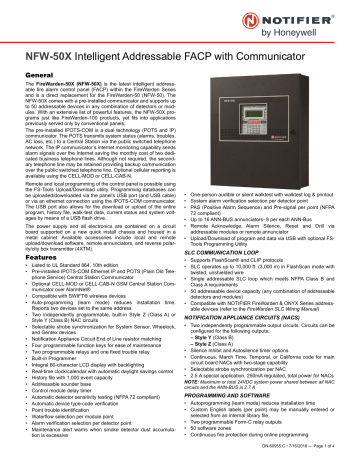 Notifier NFW-50X Intelligent Addressable FACP Data Sheet | Manualzz