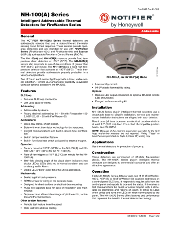 Notifier NH-100(A) Series Data Sheet | Manualzz