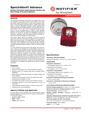 Notifier Outdoor Speakers and Speaker Strobes Data Sheet | Manualzz