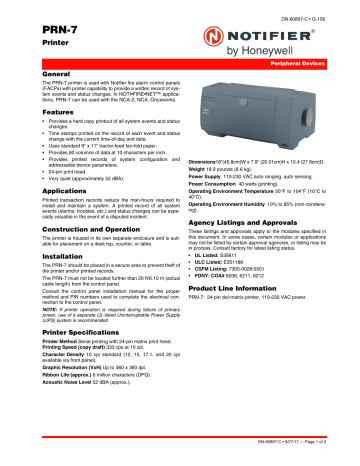 Notifier PRN-7 Printer Data Sheet | Manualzz