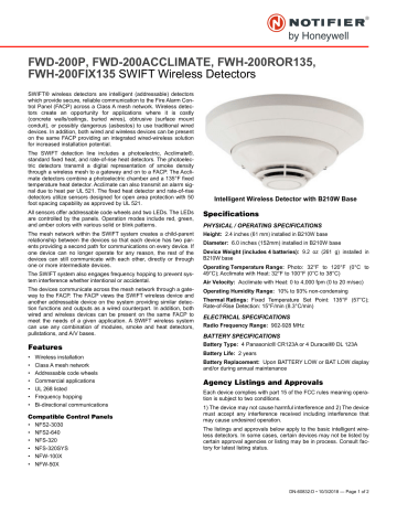 Notifier SWIFT Wireless Detectors Data Sheet | Manualzz