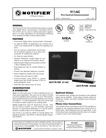 Notifier 911AC Data Sheet | Manualzz