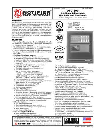 Notifier AFC-600 Data Sheet | Manualzz