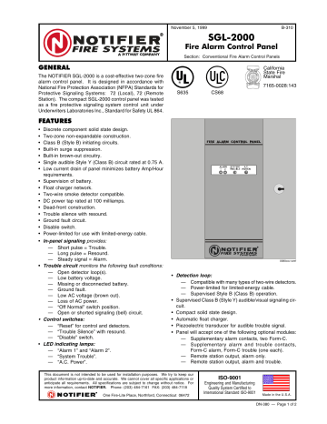 Notifier SGL-2000 Data Sheet | Manualzz