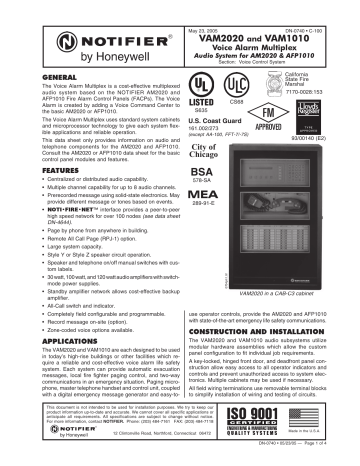 Notifier VAM-2020; VAM-1010 Data Sheet | Manualzz