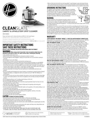 Hoover FH14000 CleanSlate Pet Carpet & Upholstery Spot Cleaner User ...