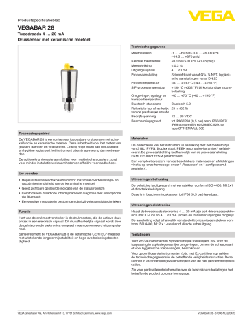 Vega VEGABAR 28 Pressure sensor with switching function Specificatie ...