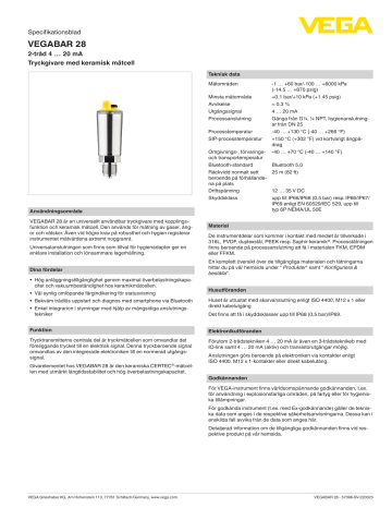 Vega VEGABAR 28 Pressure sensor with switching function Specifikation ...