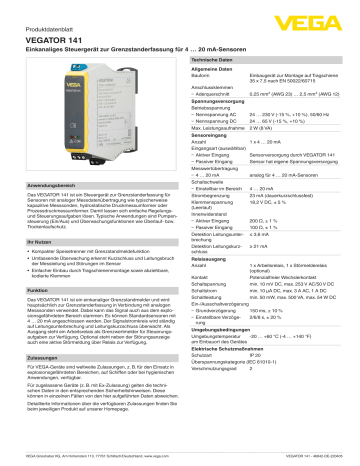 Vega VEGATOR 141 Single-channel controller for level detection ...