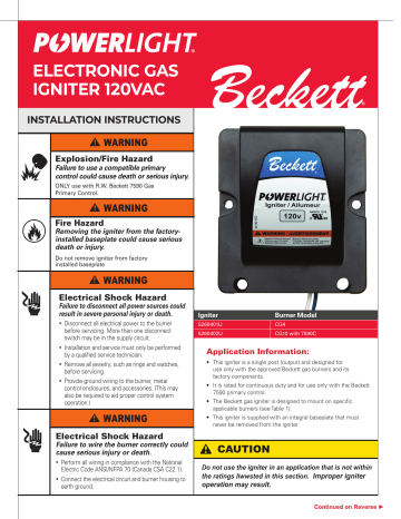 Beckett PowerLight Igniters Instructions | Manualzz