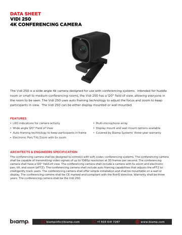 Biamp Vidi 250 Conferencing Camera Data Sheet | Manualzz