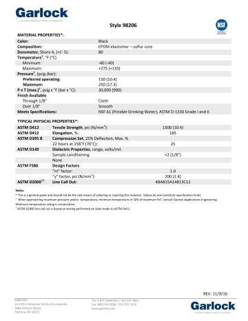 Garlock 98206 10 10 in. Full Face Gasket Specification | Manualzz