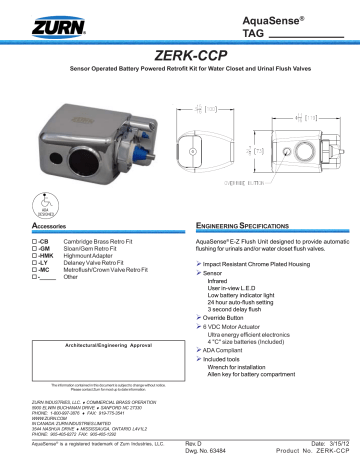 Zurn ZERK-CCP AquaSense® Retrofit Kit Specification | Manualzz