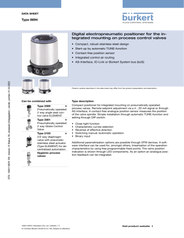 Burkert 8694 Digital electropneumatic positioner Data Sheet | Manualzz