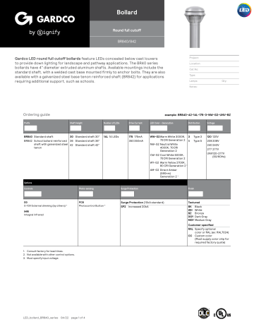 Gardco Full Cutoff Bollard LED BR840 Specifications | Manualzz