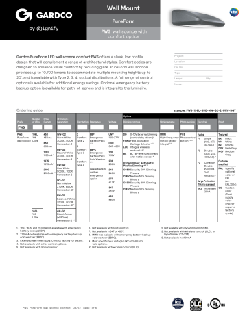 Gardco PureForm PWS Wall Sconce Comfort Specifications | Manualzz