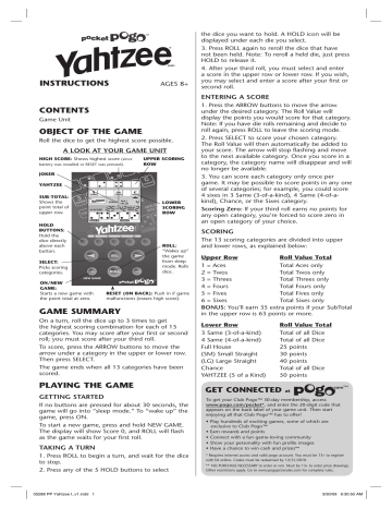 Yahtzee Pocket Pogo Game Instructions | Manualzz