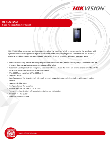 Hikvision DS-K1T341AM Face Recognition Terminal Data Sheet | Manualzz