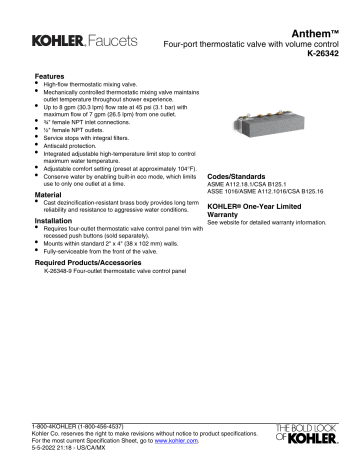 Kohler K-26342-NA Anthem™ Four-port thermostatic valve Spec Sheet ...