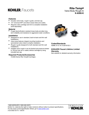 Kohler K-8300-K-NA Rite-Temp® Valve body rough-in Spec Sheet | Manualzz