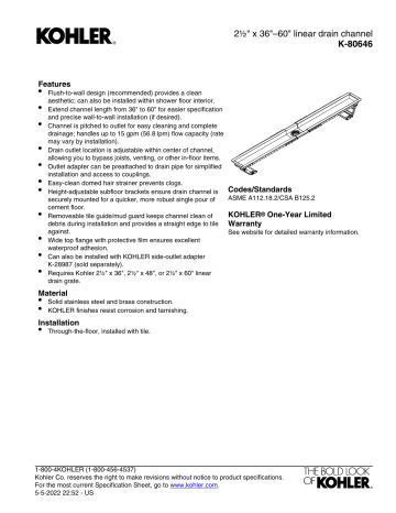 Kohler K-80646-NA 2½" x 36"–60" linear drain channel Spec Sheet | Manualzz