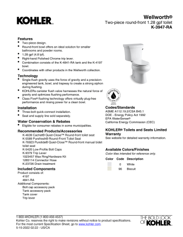 Kohler K-3947-RA-0 Wellworth® Two-piece round-front 1.28 gpf toilet Spec Sheet | Manualzz
