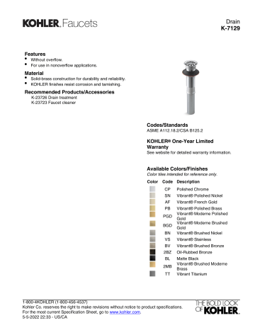 Kohler K-7129-CP Bathroom sink grid drain Spec Sheet | Manualzz