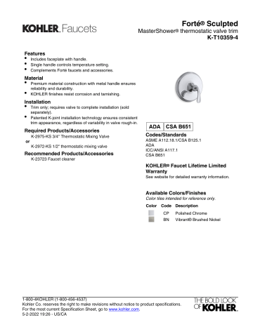 Kohler K-T10359-4-CP FortéÆ Sculpted valve trim Spec Sheet | Manualzz