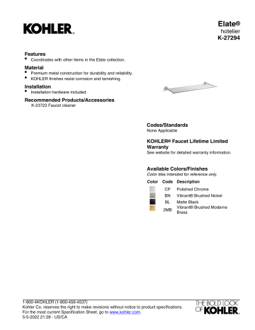Kohler K-27294-CP Elate® hotelier Spec Sheet | Manualzz