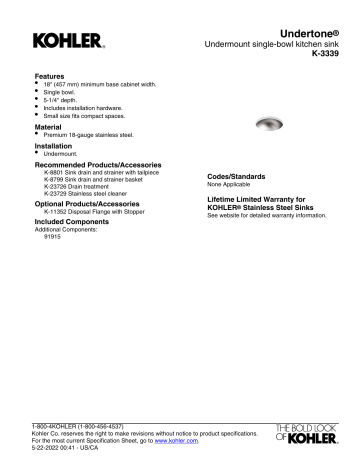 Kohler K-3339-NA Undertone® 13-5/8" diameter x 5-1/2" Undermount single ...