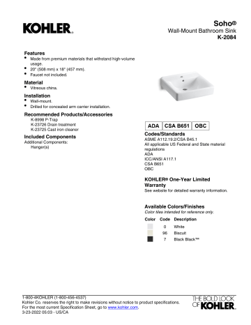 Kohler K-2084-0 Soho® 20" x 18" wall-mount/concealed arm carrier ...