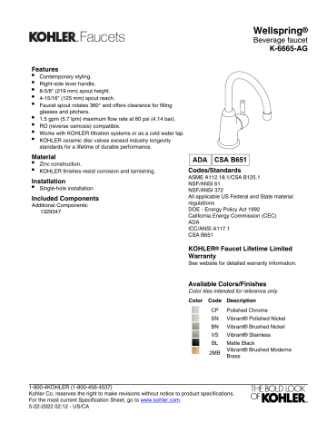 Kohler K-6665-AG-CP Wellspring® Beverage faucet Spec Sheet | Manualzz