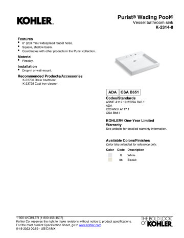Kohler K-2314-8-0 Purist® Wading Pool® Fireclay vessel bathroom sink ...